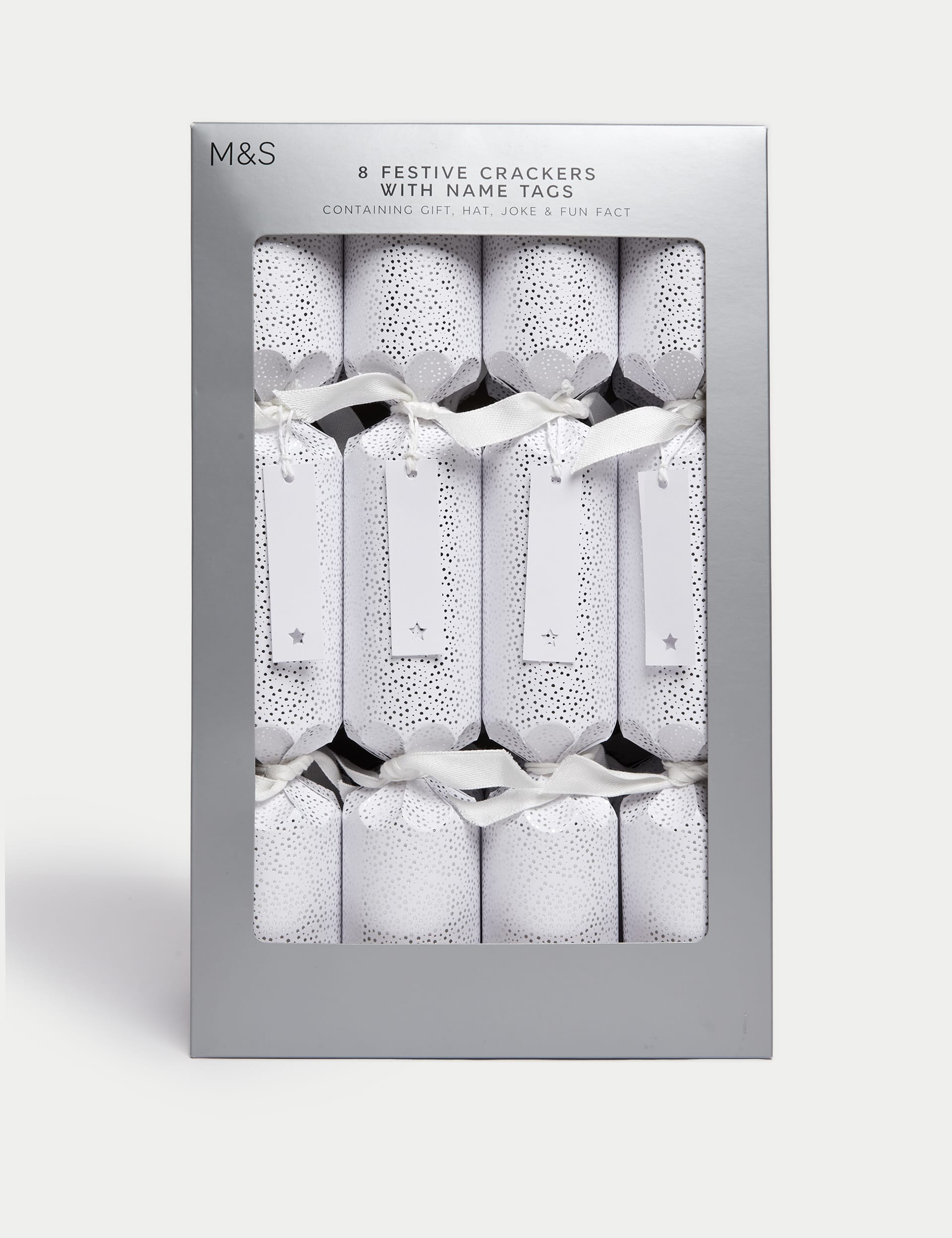 8 Luxury Christmas Crackers With Name Tags - Silver & White Design | M&S