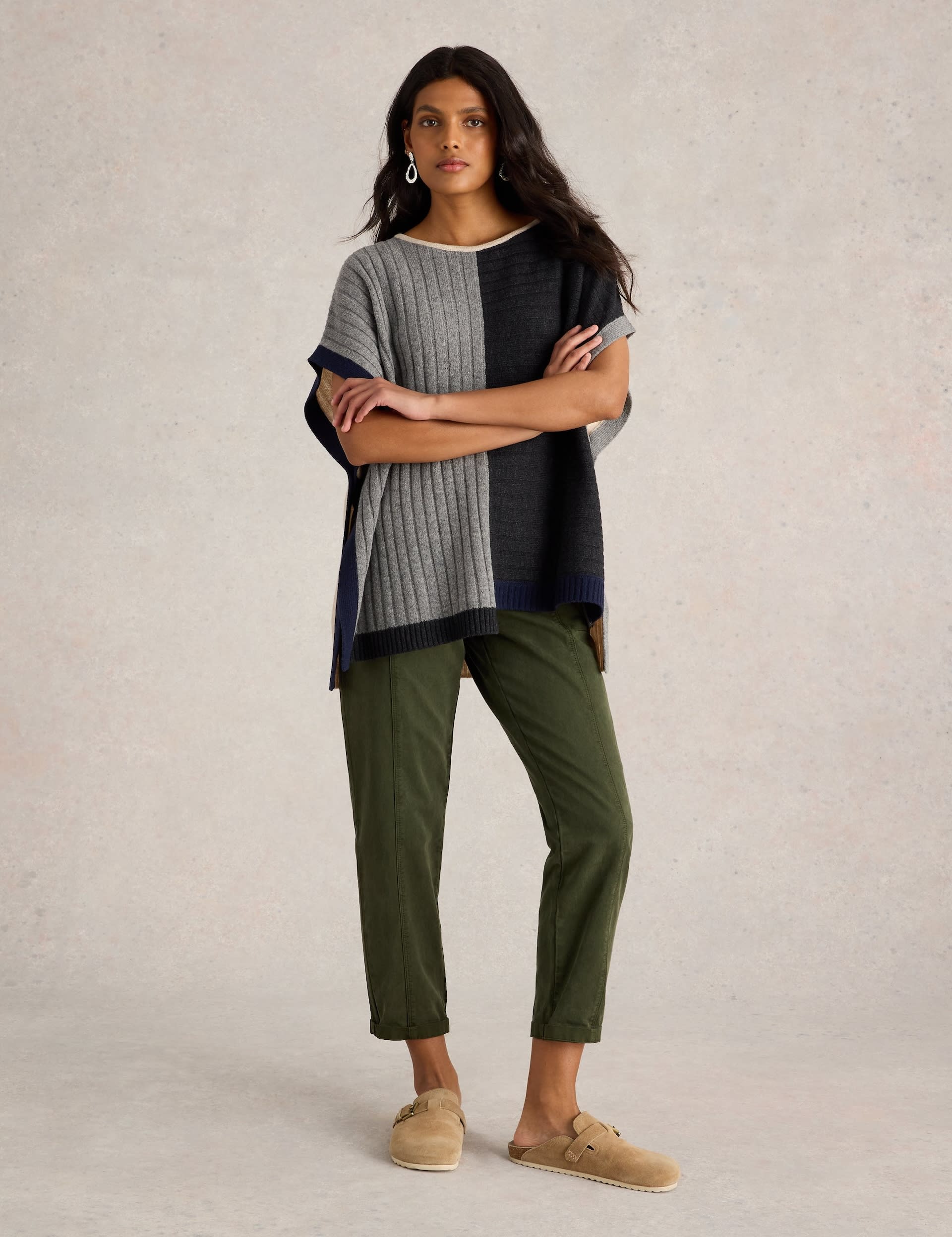 Wool Rich Ribbed Colour Block Poncho | White Stuff | M&S
