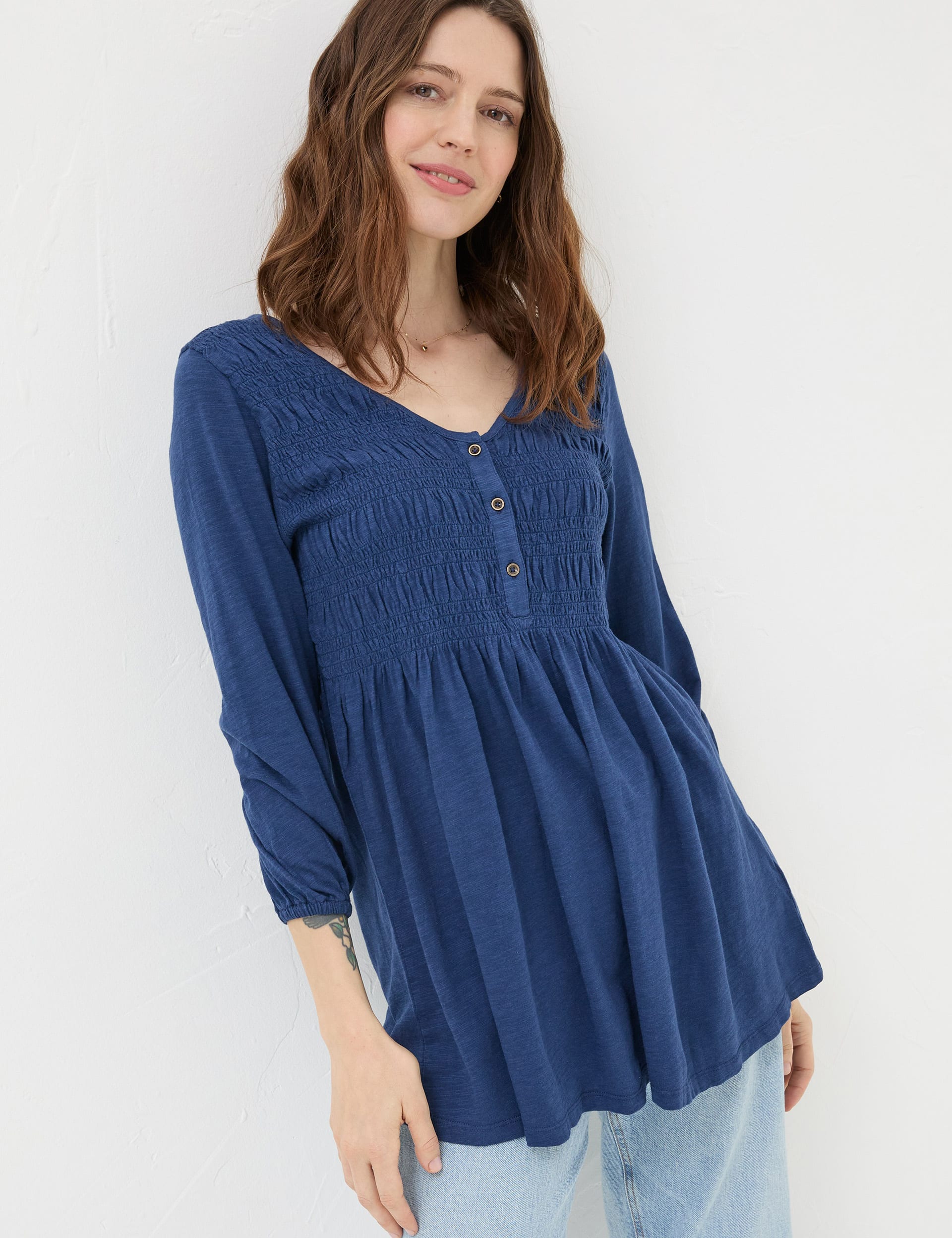 Cotton Rich V-Neck Shirred Tunic | FatFace | M&S