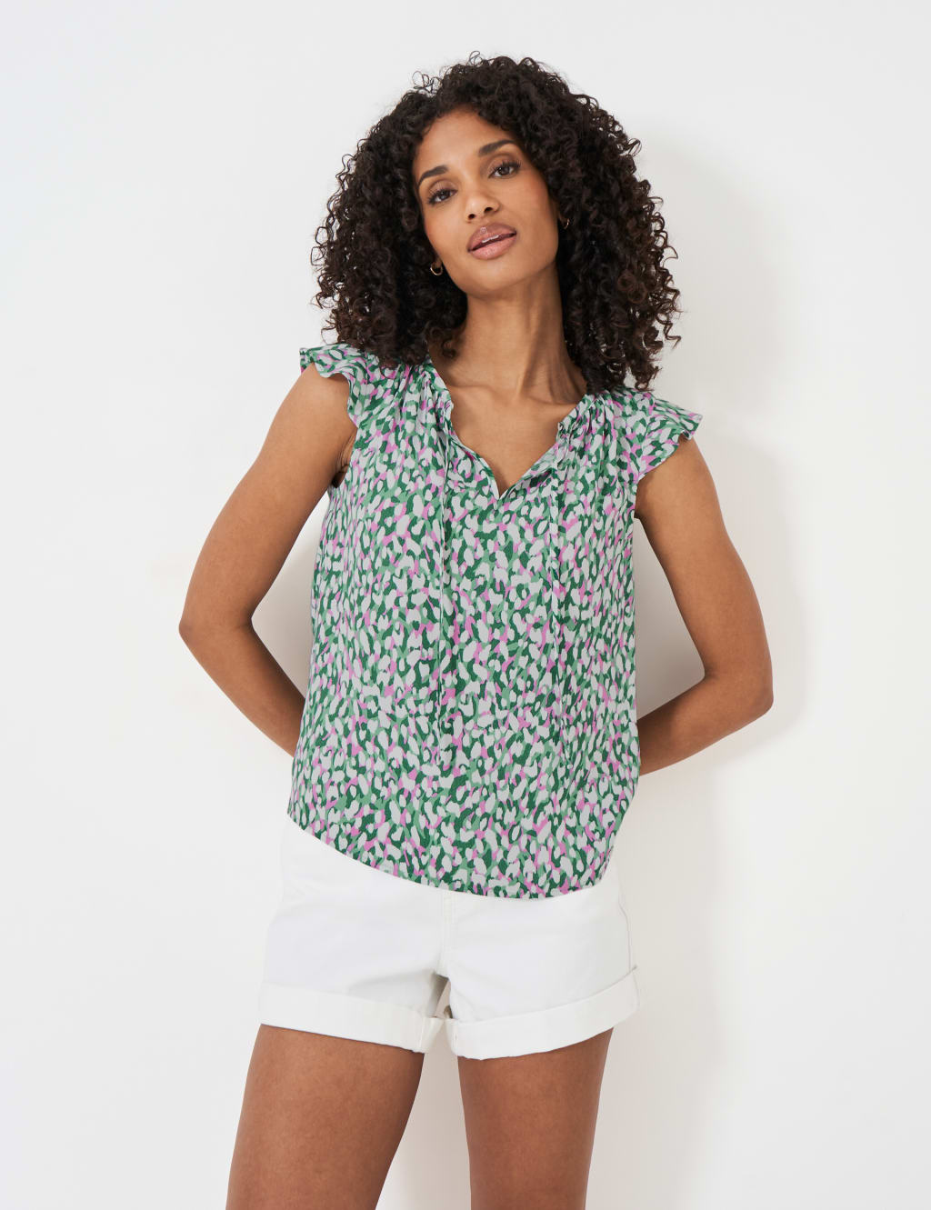 Printed Tie Neck Frill Sleeve Blouse | Crew Clothing | M&S