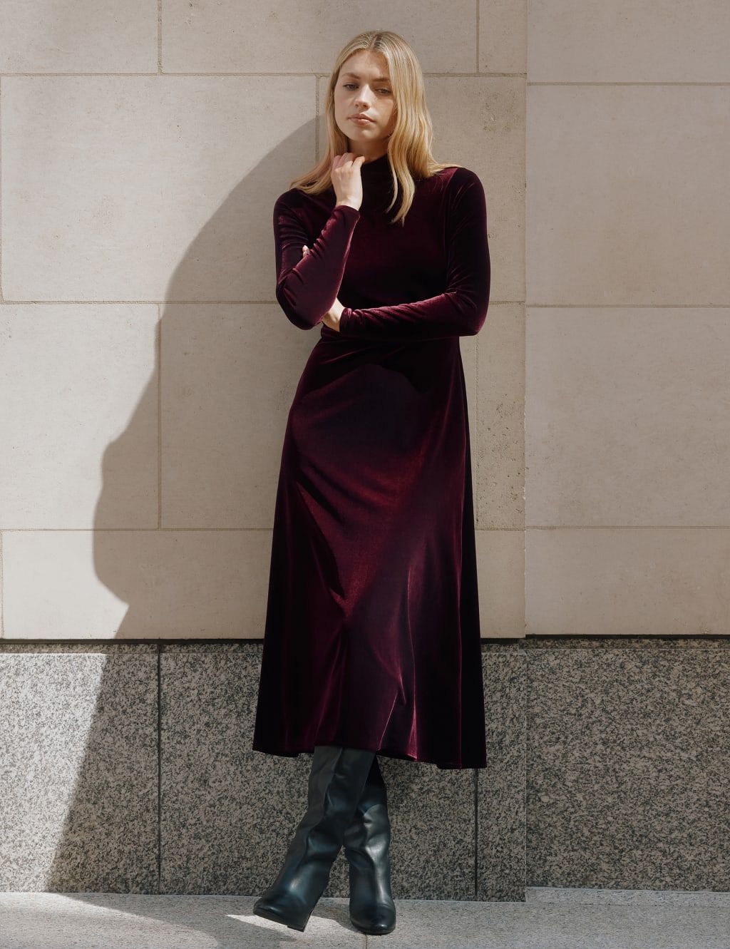 Velvet Funnel Neck Midi Bodycon Dress | Albaray | M&S