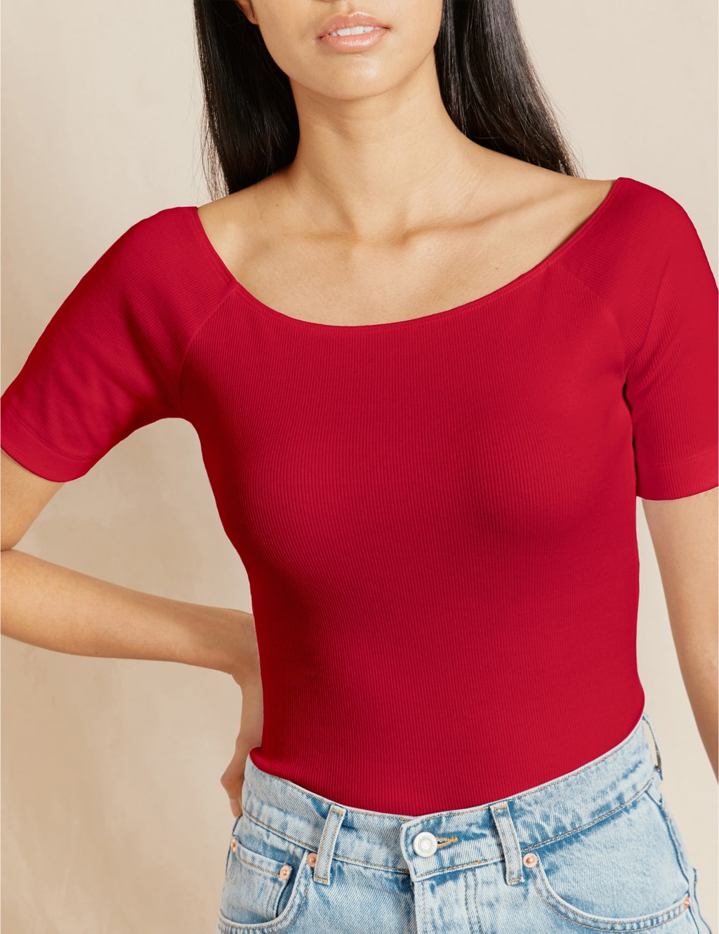 Cotton Rich Ribbed Slash Neck Top | Albaray | M&S