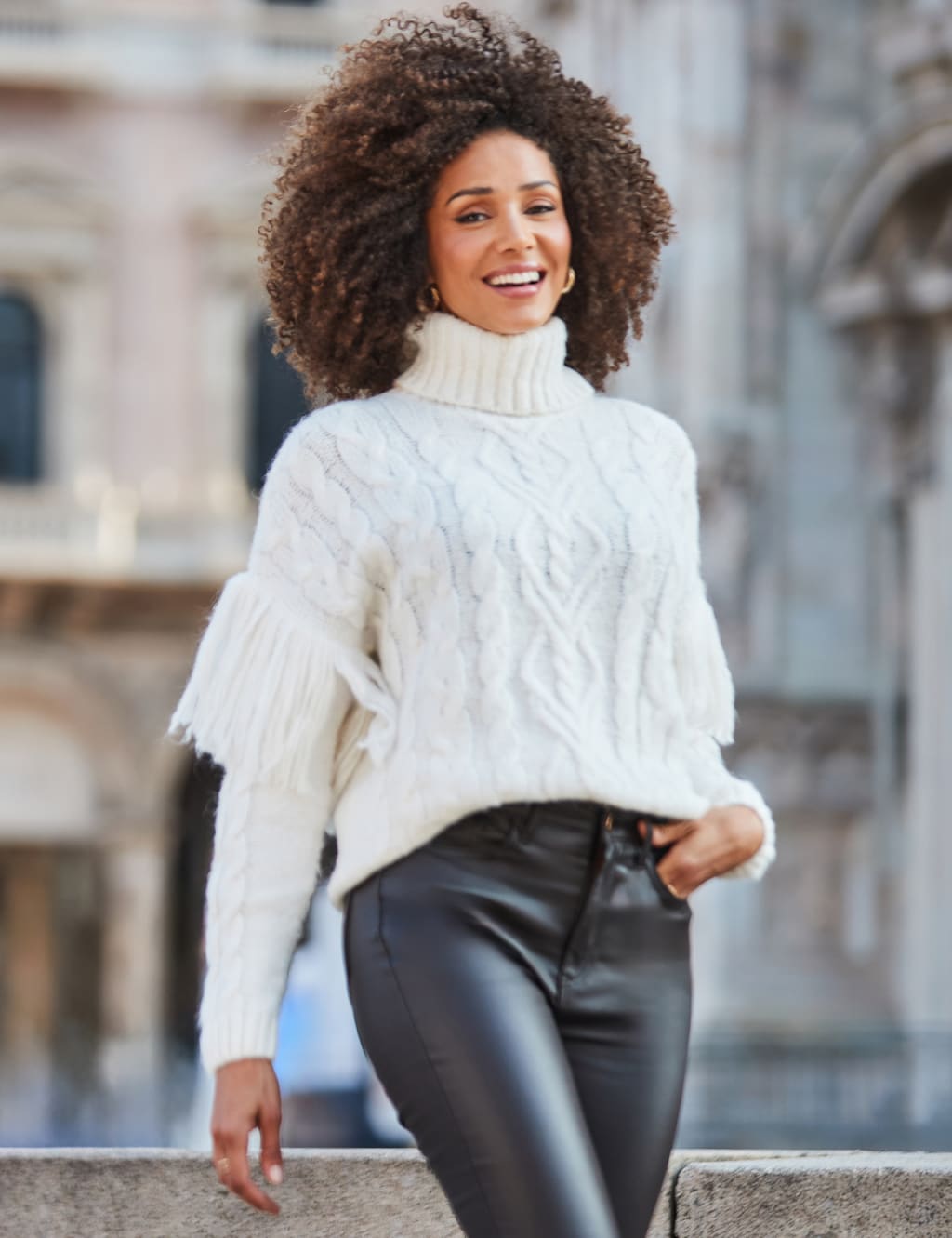 Cable Knit Roll Neck Fringe Detail Jumper | SOSANDAR | M&S