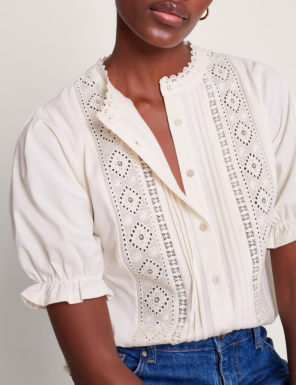 Pure Cotton Crew Neck Lace Insert Top | Monsoon | M&S