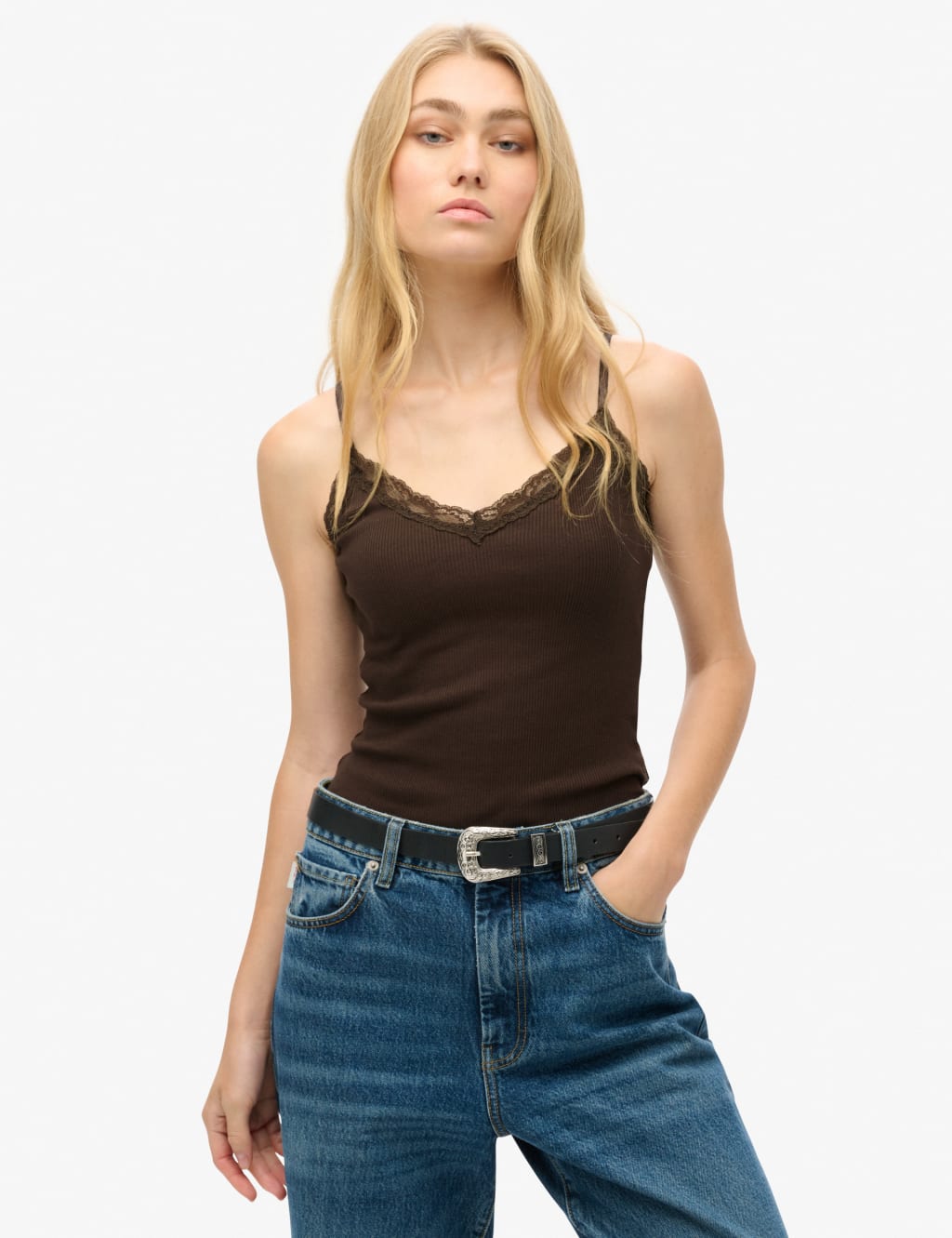 Pure Cotton Ribbed V-Neck Lace Trim Cami Top | Superdry | M&S