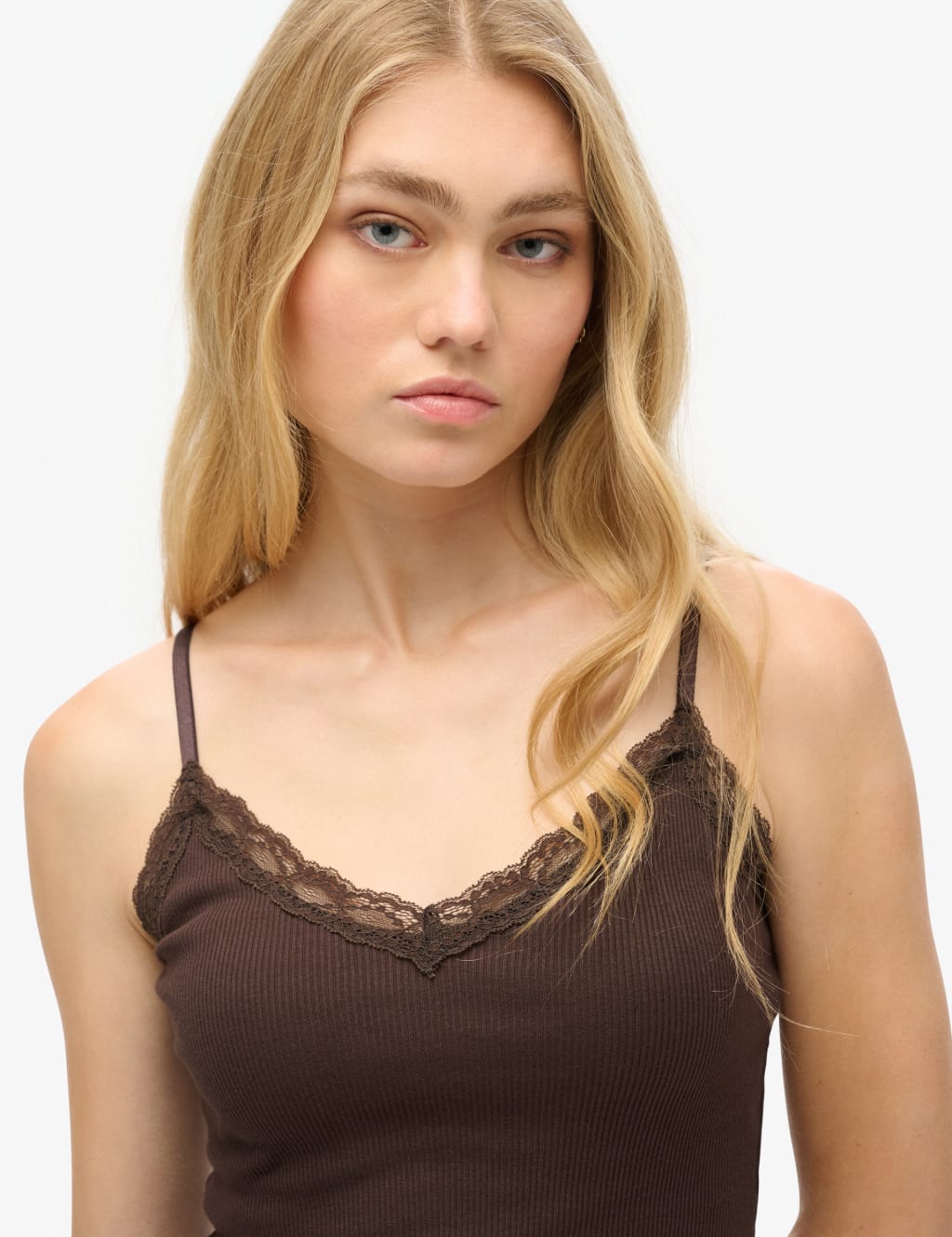 Pure Cotton Ribbed V-Neck Lace Trim Cami Top | Superdry | M&S