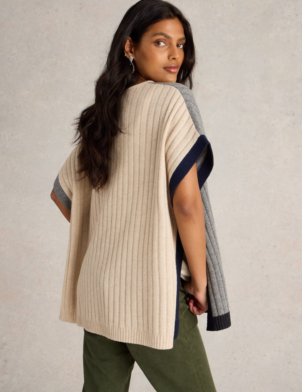 Wool Rich Ribbed Colour Block Poncho | White Stuff | M&S