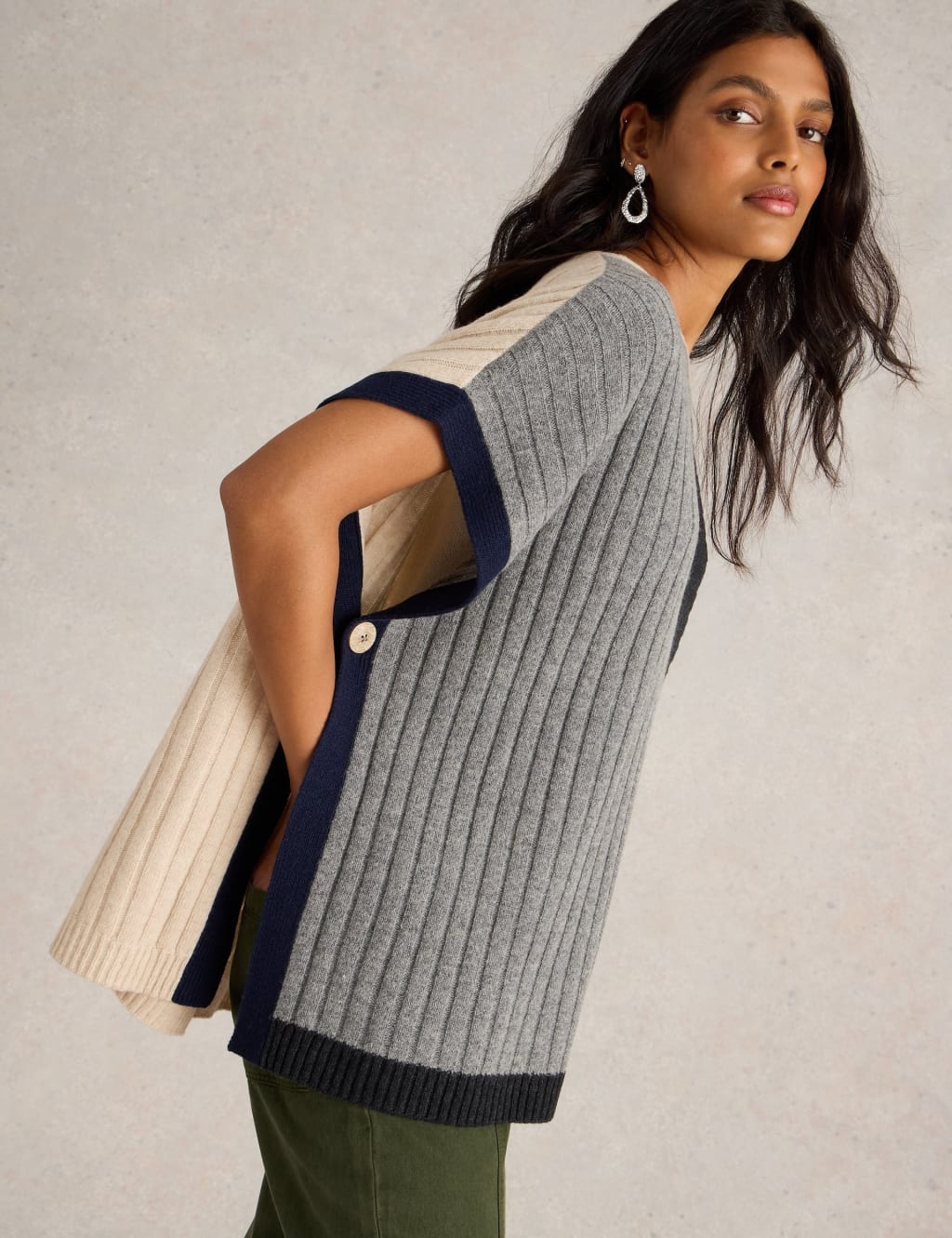 Wool Rich Ribbed Colour Block Poncho | White Stuff | M&S