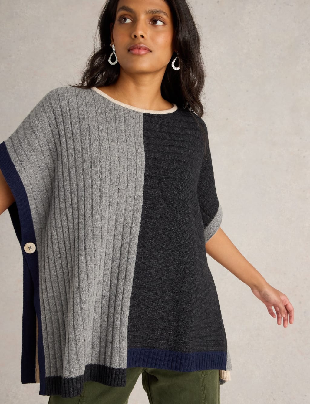 Wool Rich Ribbed Colour Block Poncho | White Stuff | M&S