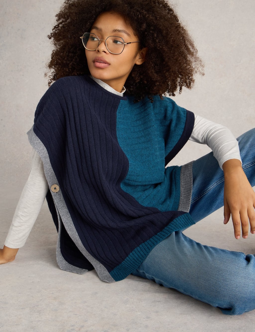 Wool Rich Ribbed Colour Block Poncho | White Stuff | M&S