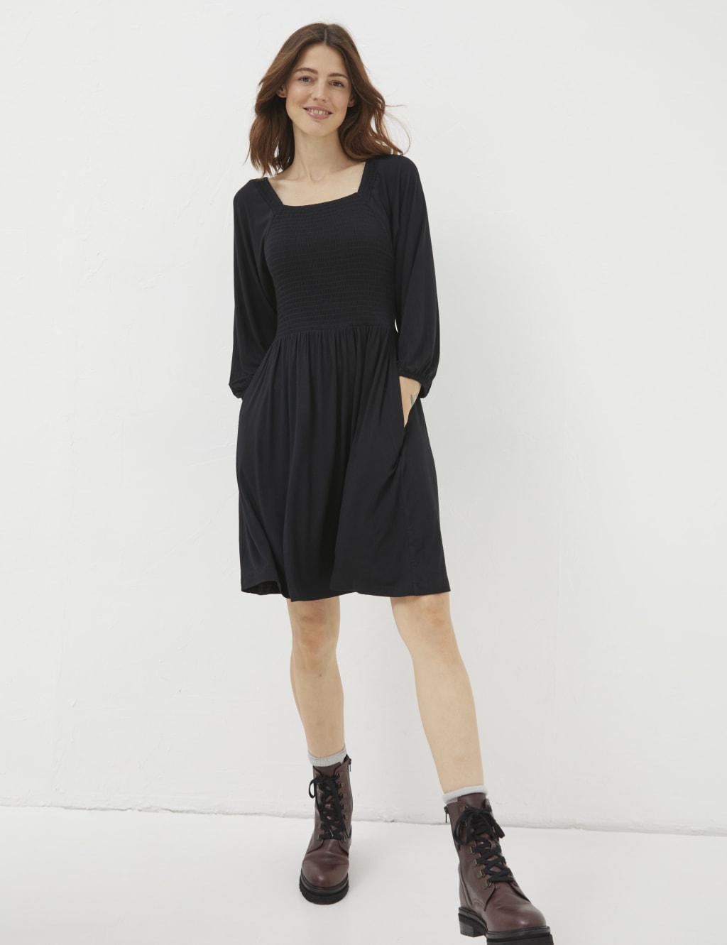 Jersey Square Neck Knee Length Shirred Dress | FatFace | M&S