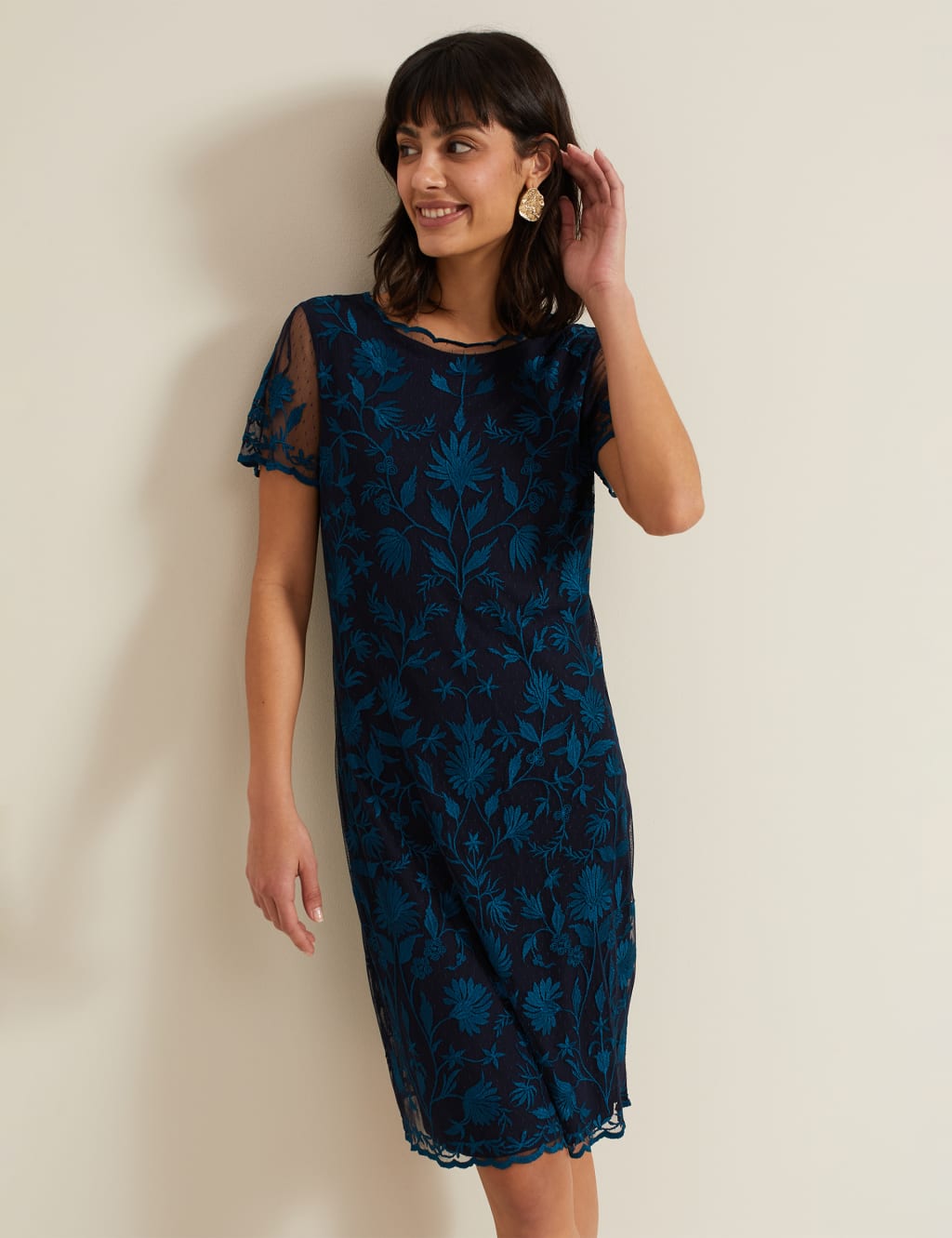 Embroidered Round Neck Knee Length Shift Dress | Phase Eight | M&S