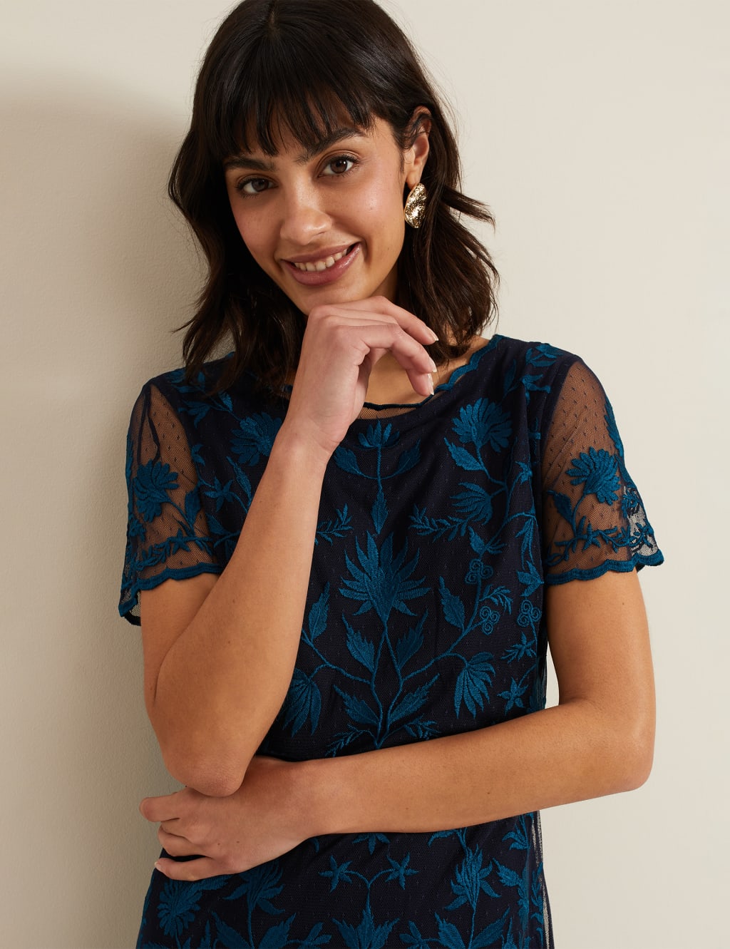 Embroidered Round Neck Knee Length Shift Dress | Phase Eight | M&S