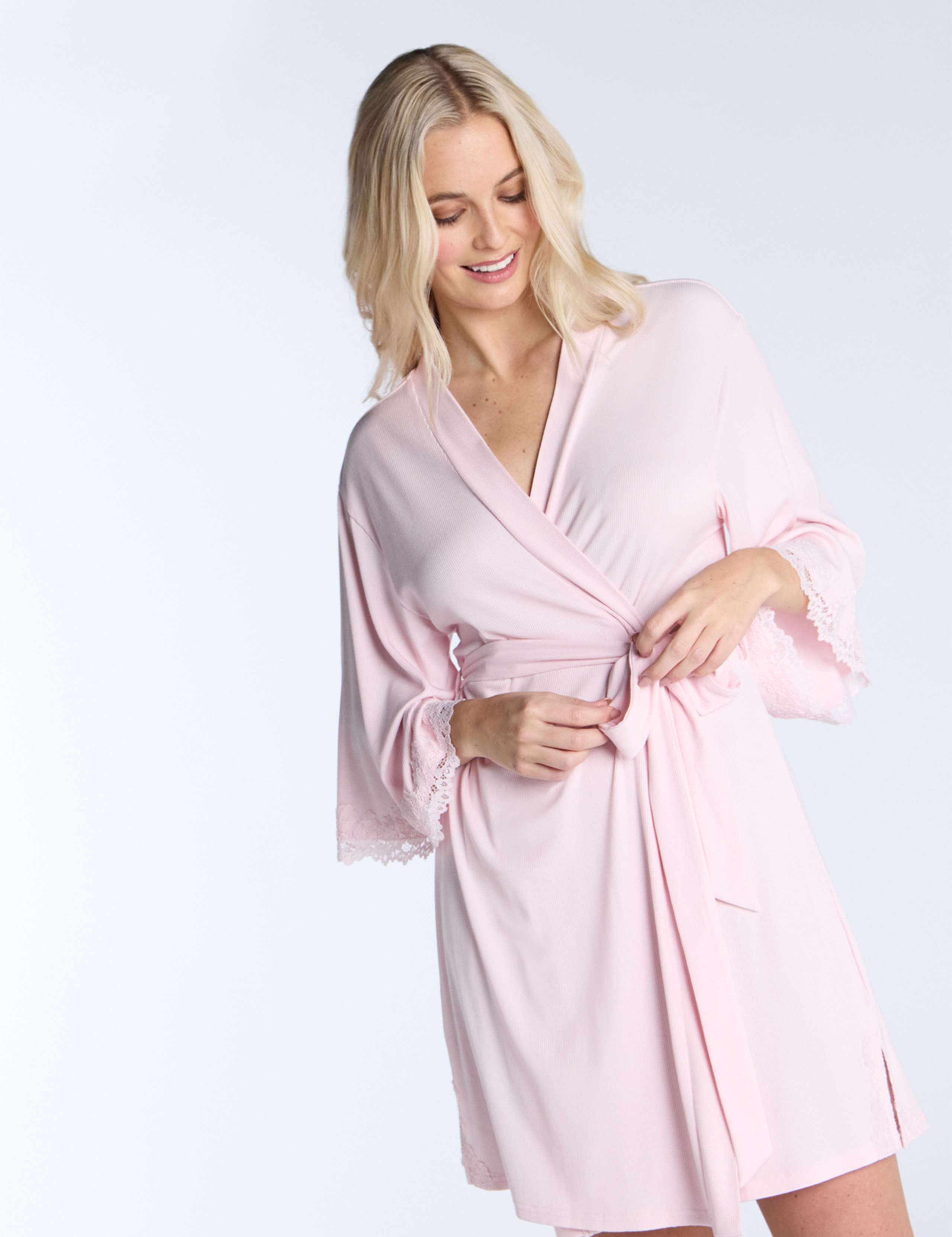 Modal Rich Ribbed Lace Trim Tie Short Robe | Boux Avenue | M&S