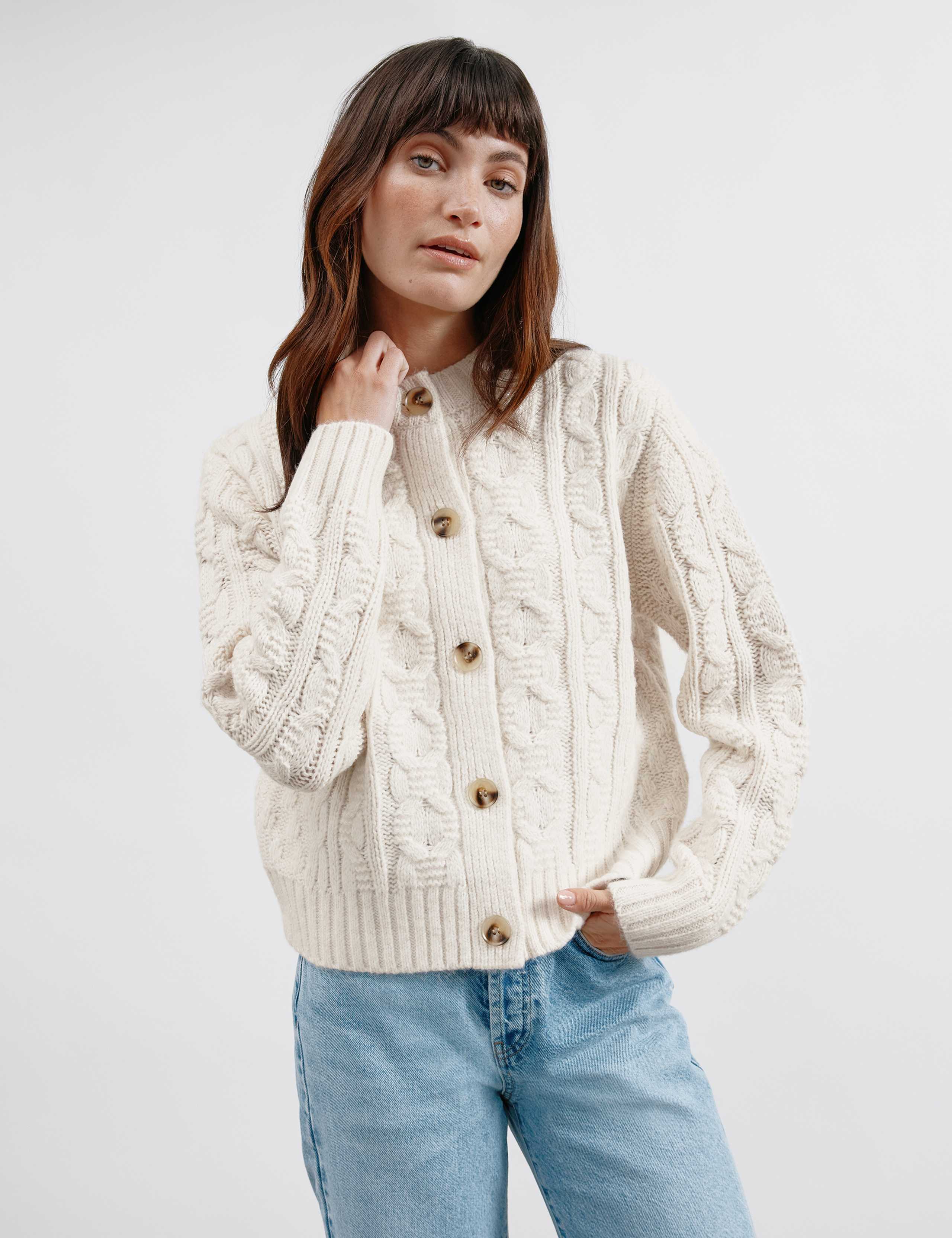 Cable Knit Crew Neck Cardigan | Albaray | M&S