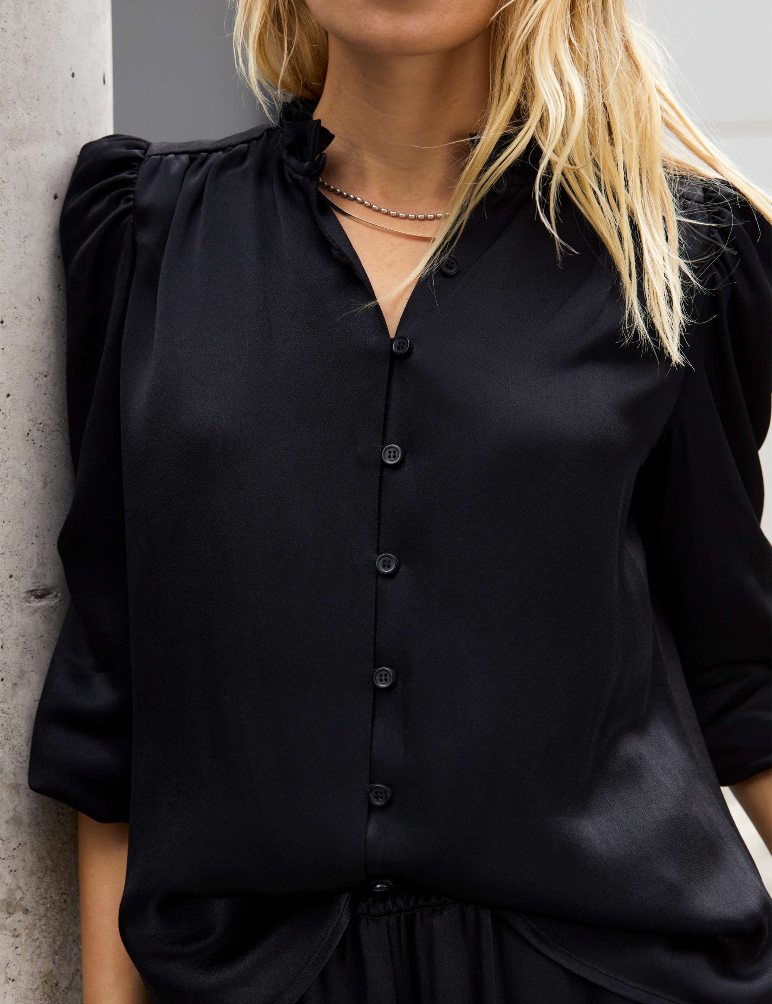 Satin Frill Neck Button Through Blouse | BAUKJEN | M&S