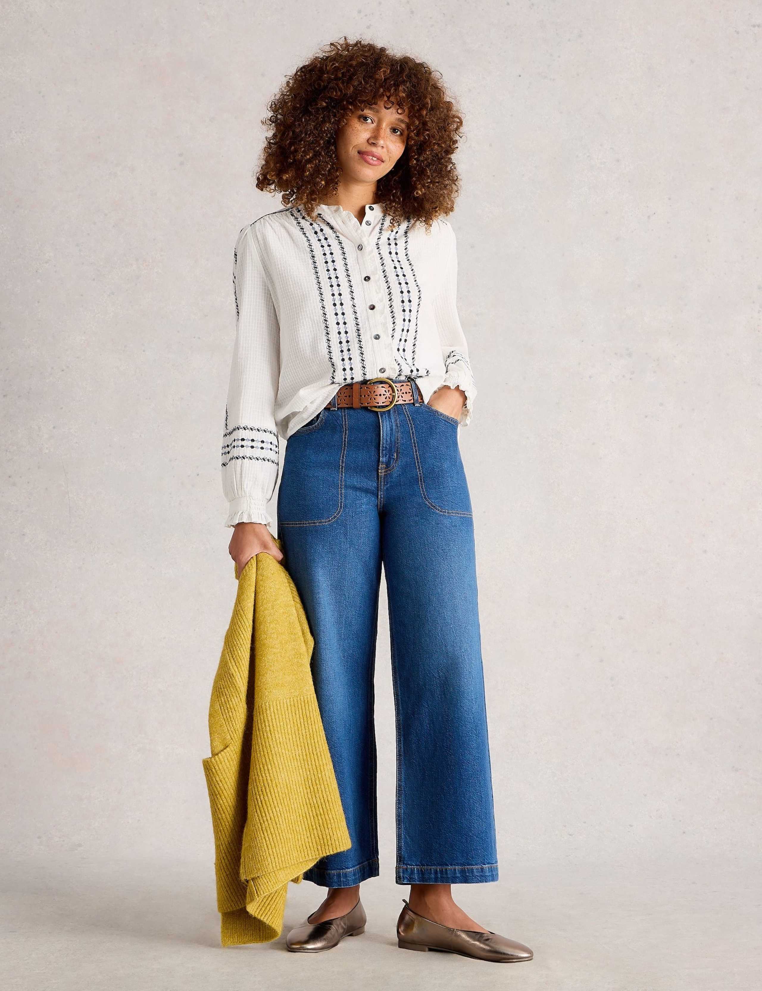 Pure Cotton Embroidered Collarless Frill Sleeve Blouse | White Stuff | M&S