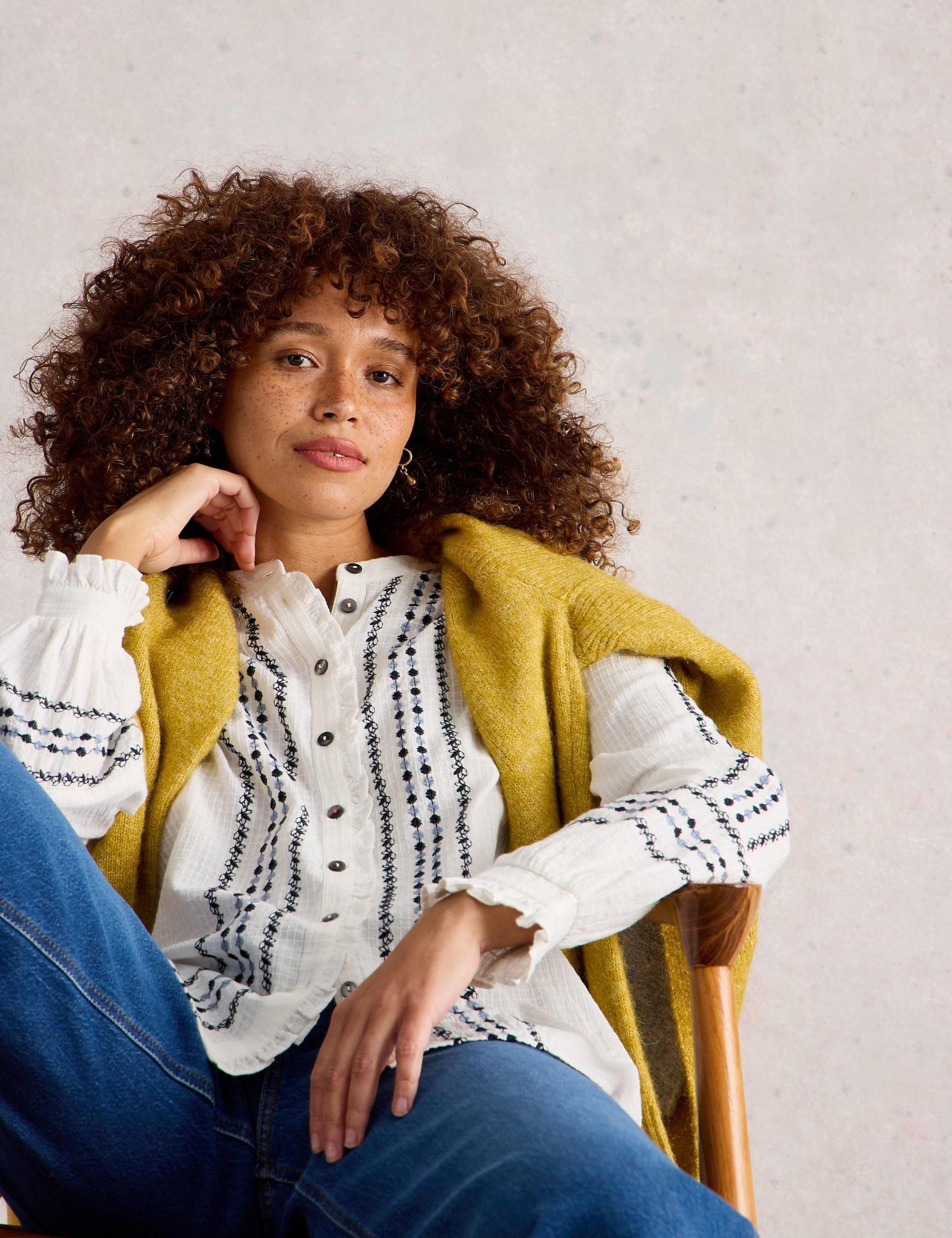 Pure Cotton Embroidered Collarless Frill Sleeve Blouse | White Stuff | M&S