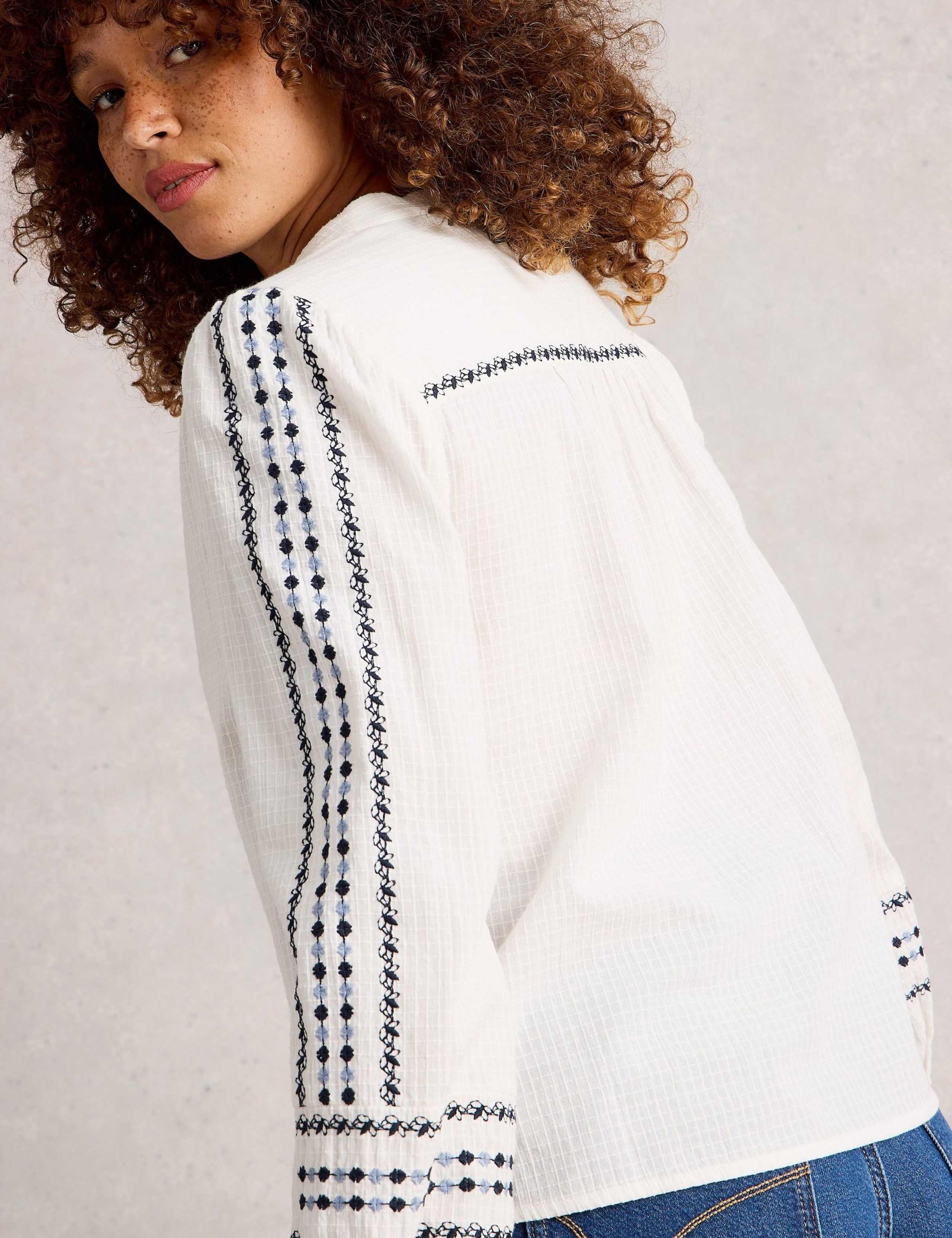 Pure Cotton Embroidered Collarless Frill Sleeve Blouse | White Stuff | M&S