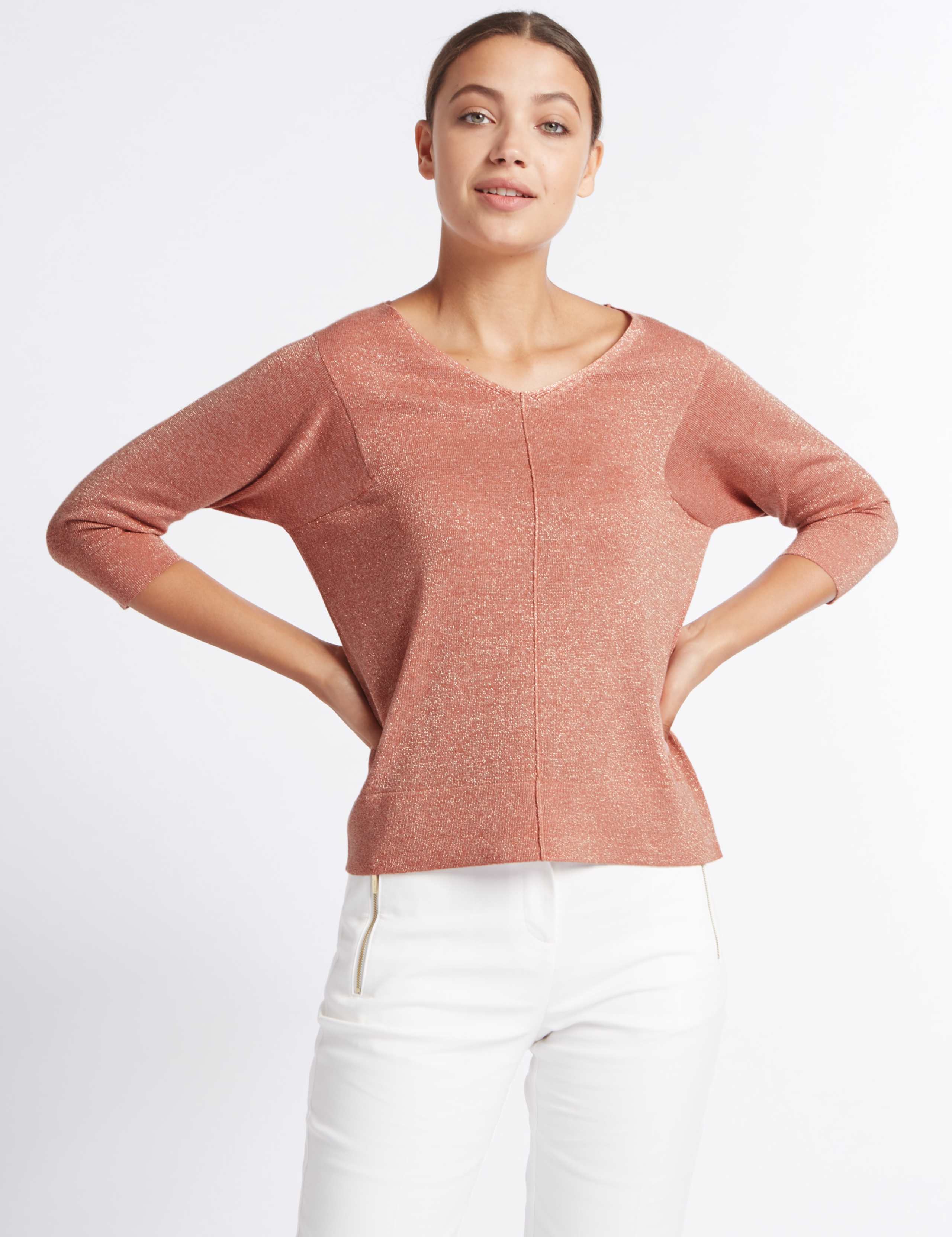 Window Back V-Neck 3/4 Sleeve Jumper | Per Una | M&S